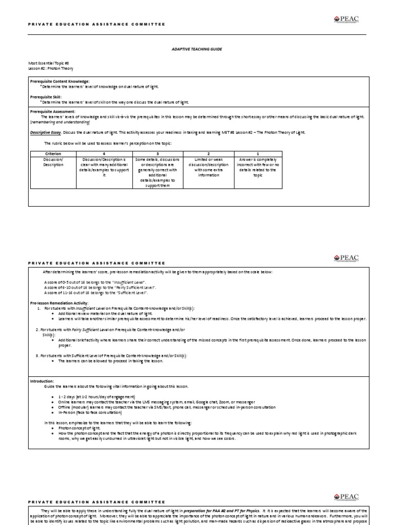 ATG MET 8 LESSON 2 Photon Theory | PDF | Learning | Light