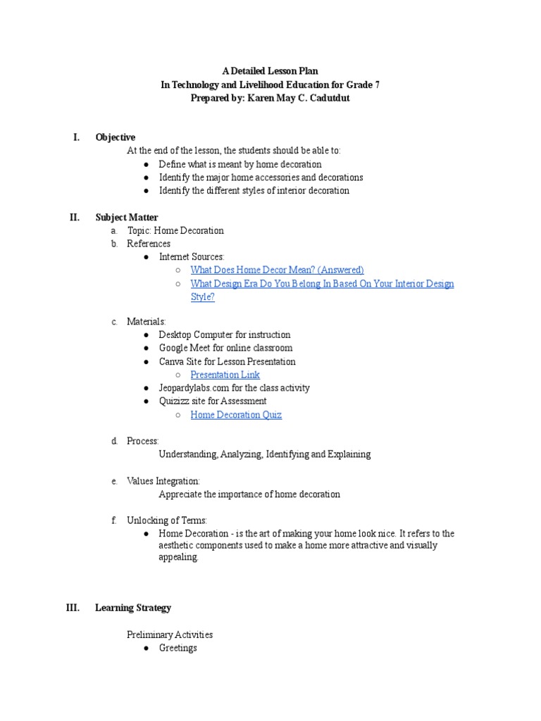 TLE Lesson Plan sample | PDF | Lesson Plan | Interior Design