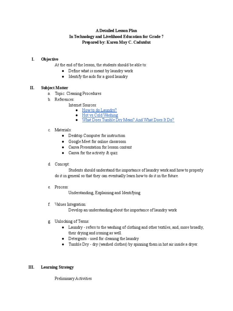 Sample TLE Lesson Plan For Grade 7 | PDF | Laundry | Clothes Dryer