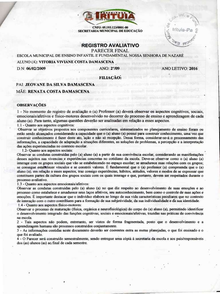 Modelo de Parecer Avaliativo 2° Ano | PDF