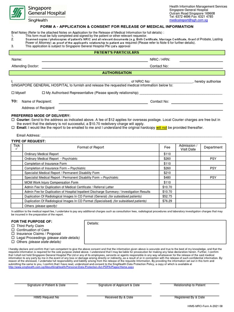 Form A - Consent Form SGH - NATIONAL CANCER CENTER SINGAPORE | PDF ...