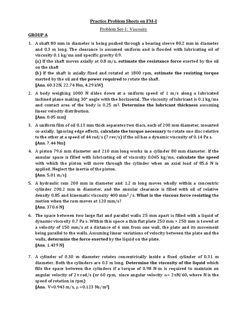 Practice Problem Sheets On FM-I Group A | PDF | Viscosity | Shear Stress