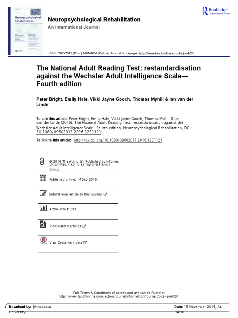 The National Adult Reading Test: Restandardisation Against The Wechsler ...