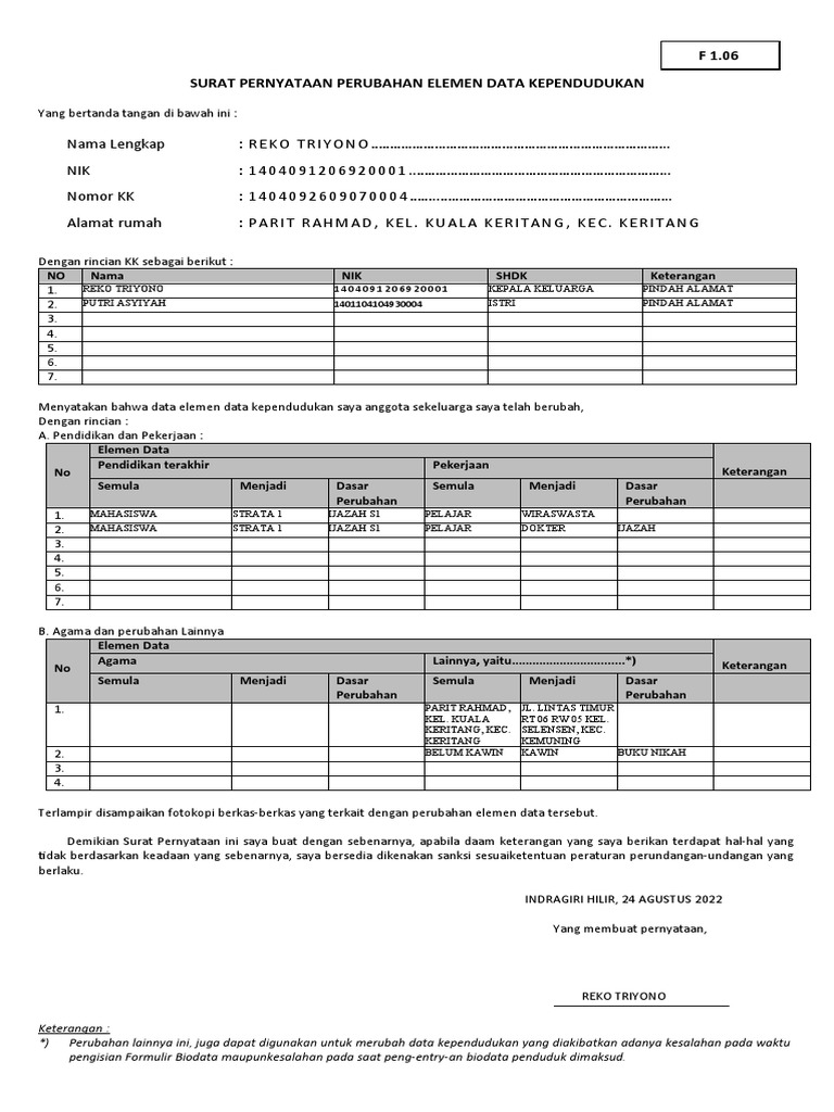 Surat Pernyataan Perubahan Elemen Data Kependudukan F 1.06 | PDF