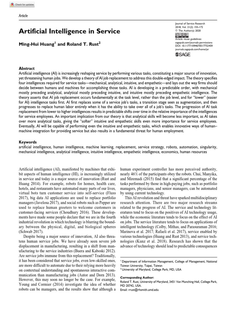 Artificial Intelligence In Service Ming Hui Huang And Roland T Rust Pdf Intelligence Ai