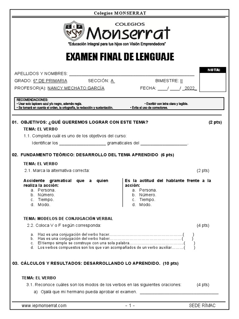Examen Final Lenguaje | PDF | Verbo | Lingüística