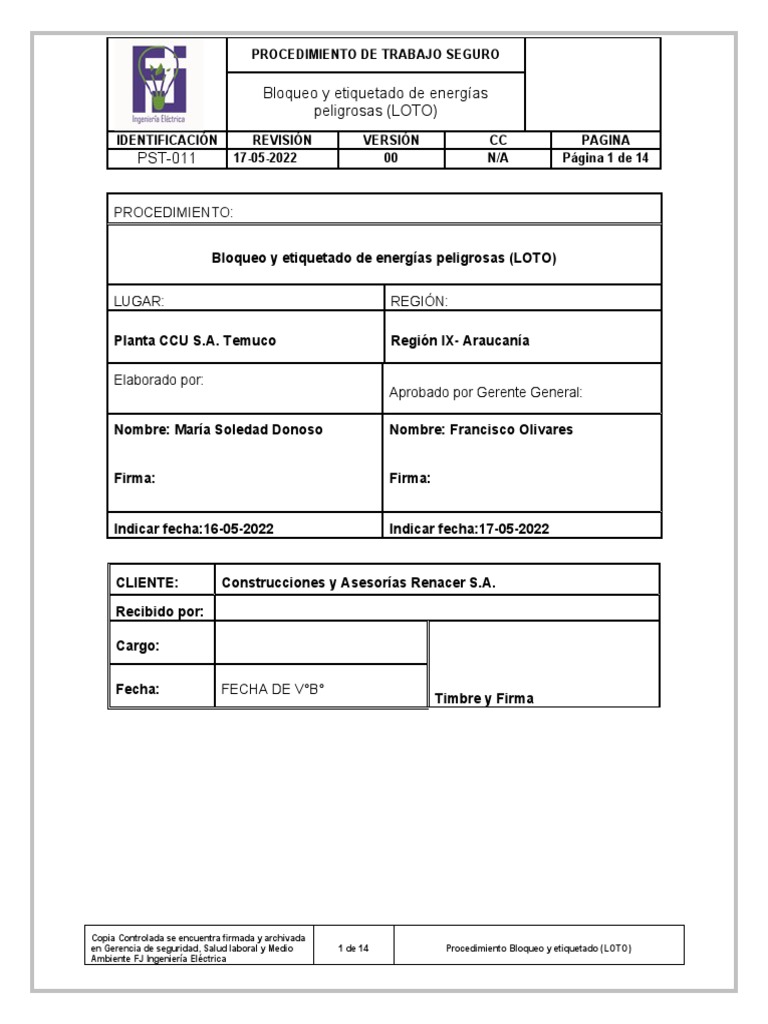 PST-011-FJ Procedimiento Bloqueo y Etiquetado de Energías LOTO Listo ...