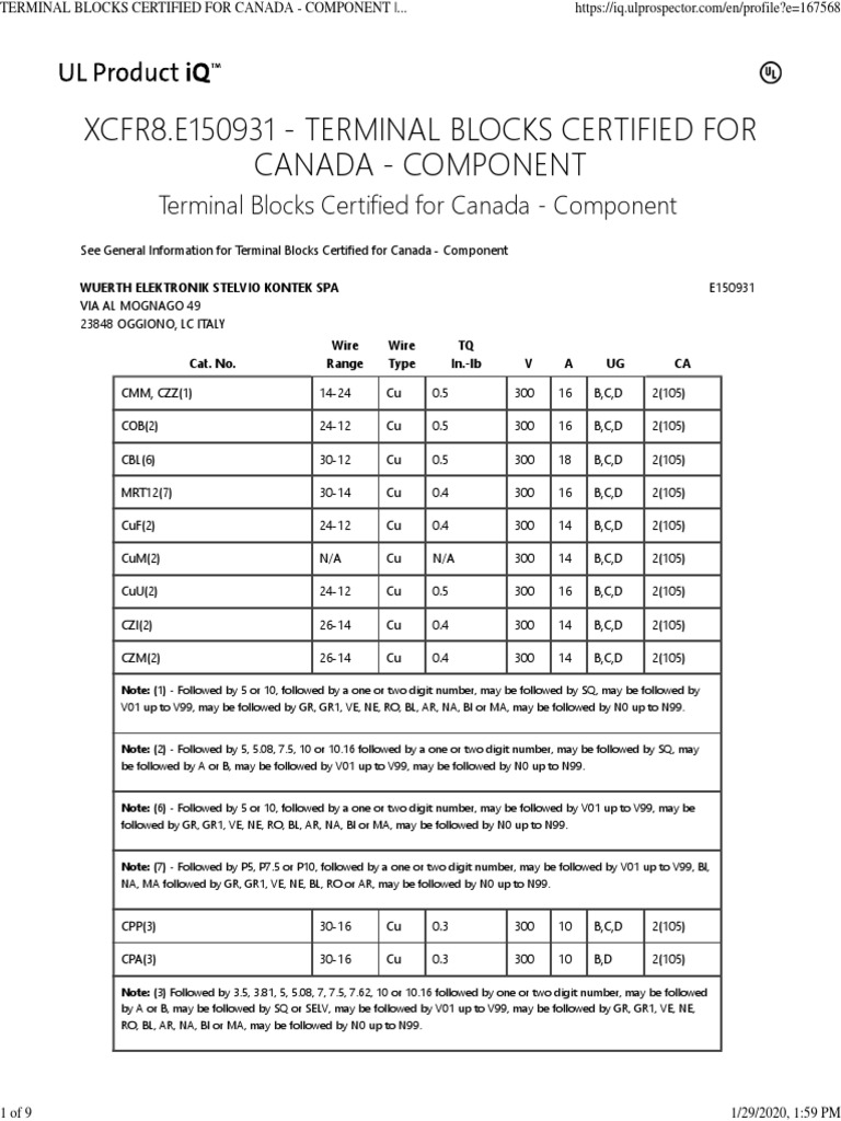 TERMINAL BLOCKS CERTIFIED FOR CANADA - COMPONENT - UL Product Iq | PDF ...