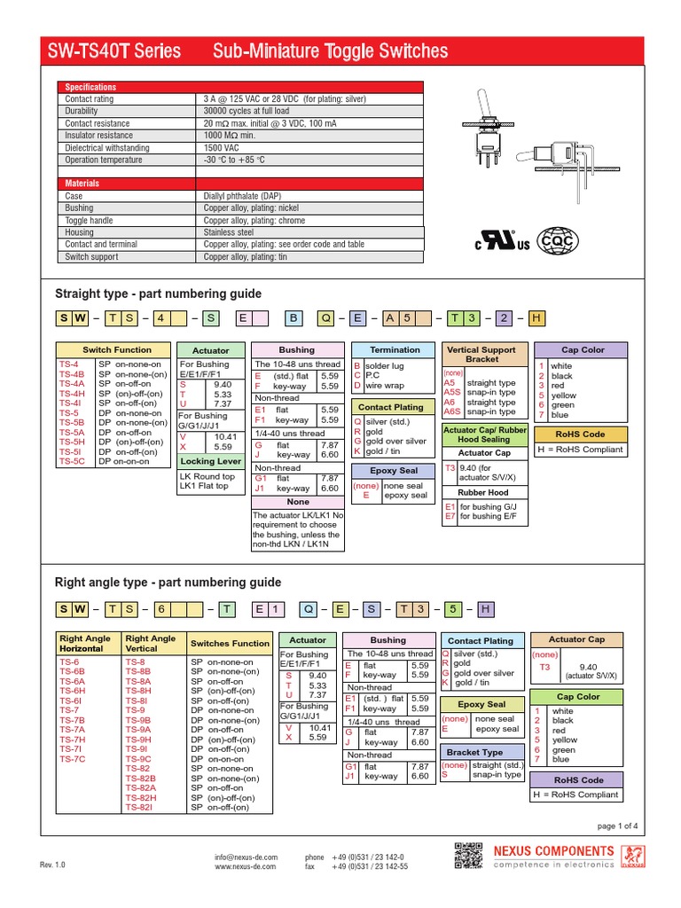 SW-TS40T Series Sub-Miniature Toggle Switches: Straight Type - Part Numbering Guide | PDF ...