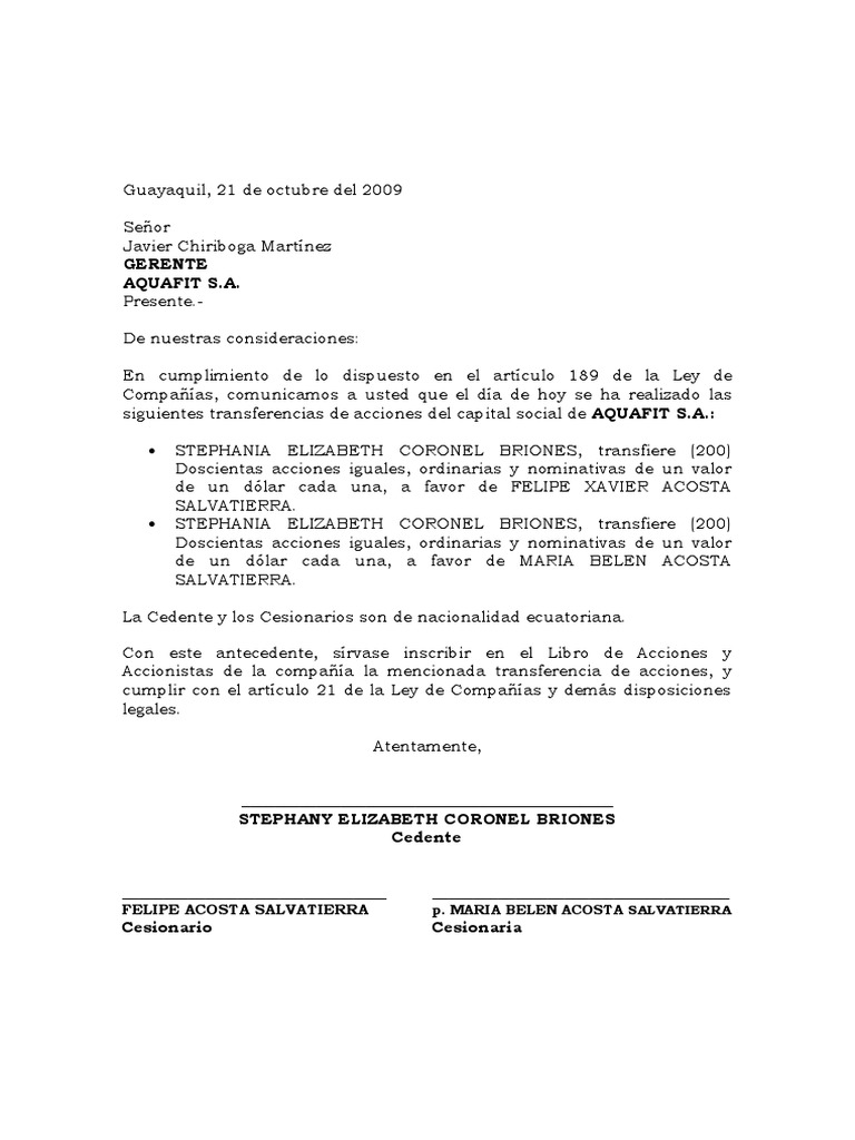 Carta Cedente y Cesionario Aquafit | PDF