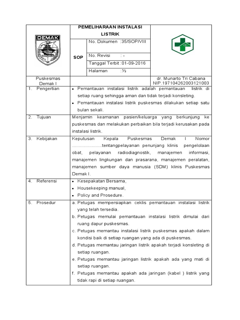 SOP PEMELIHARAAN INSTALASI LISTRIK Ok | PDF