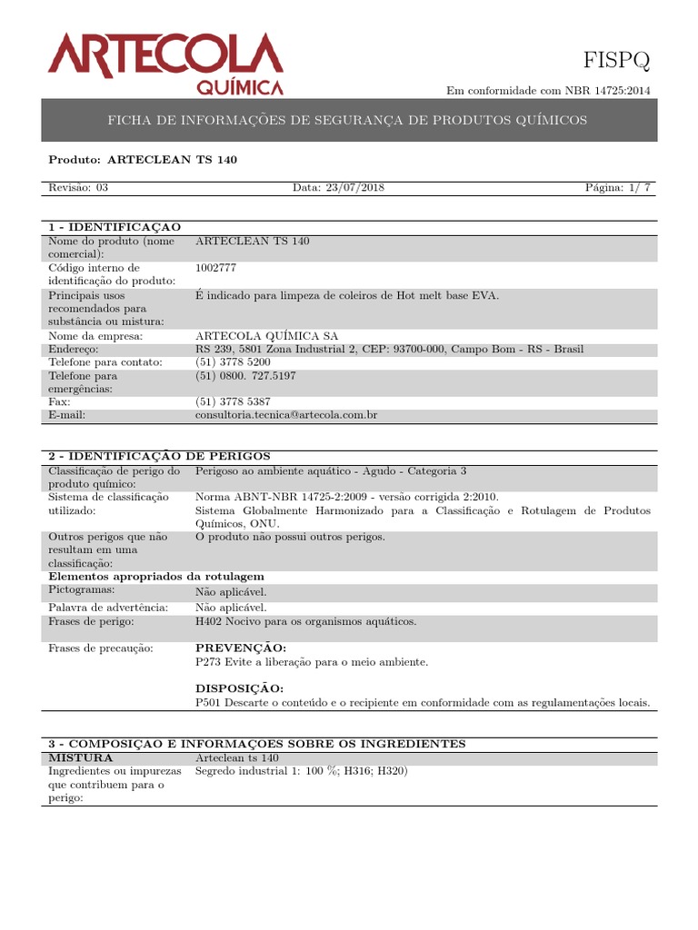 FISPQ Arteclean TS 140 - 23.07.2018 | PDF | Embalagem e rotulagem | Química