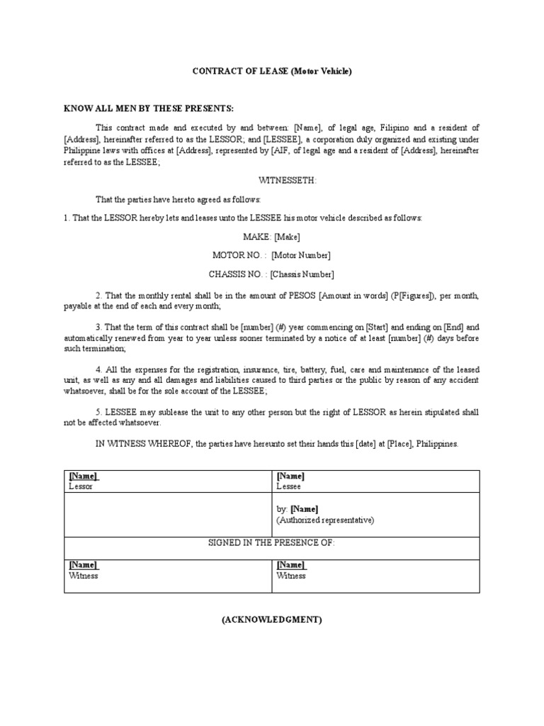 Motor Vehicle Lease Agreement Template | PDF