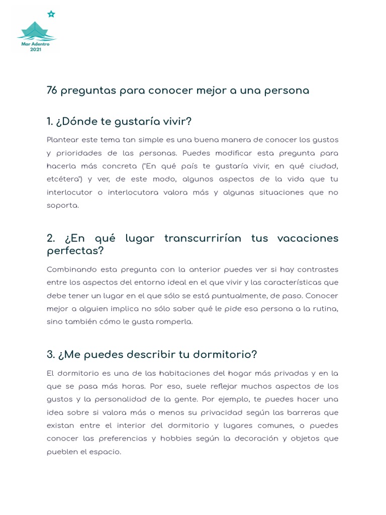 76 Preguntas Para Conocer Mejor A Una Persona Pdf Humor Creatividad