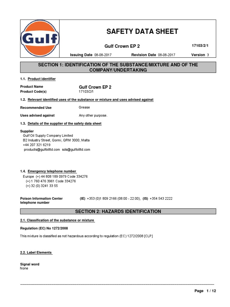 Safety Data Sheet: Gulf Crown EP 2 | PDF | Dangerous Goods | Personal ...