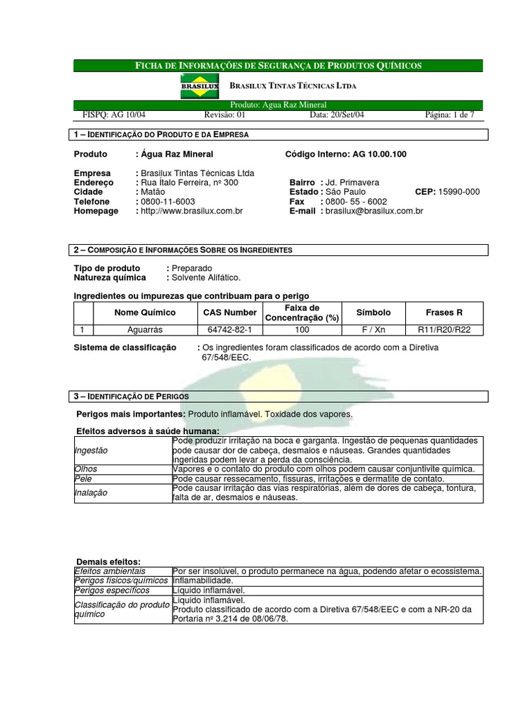 FISPQ Agua Raz Mineral | PDF | Embalagem e rotulagem | Primeiros socorros