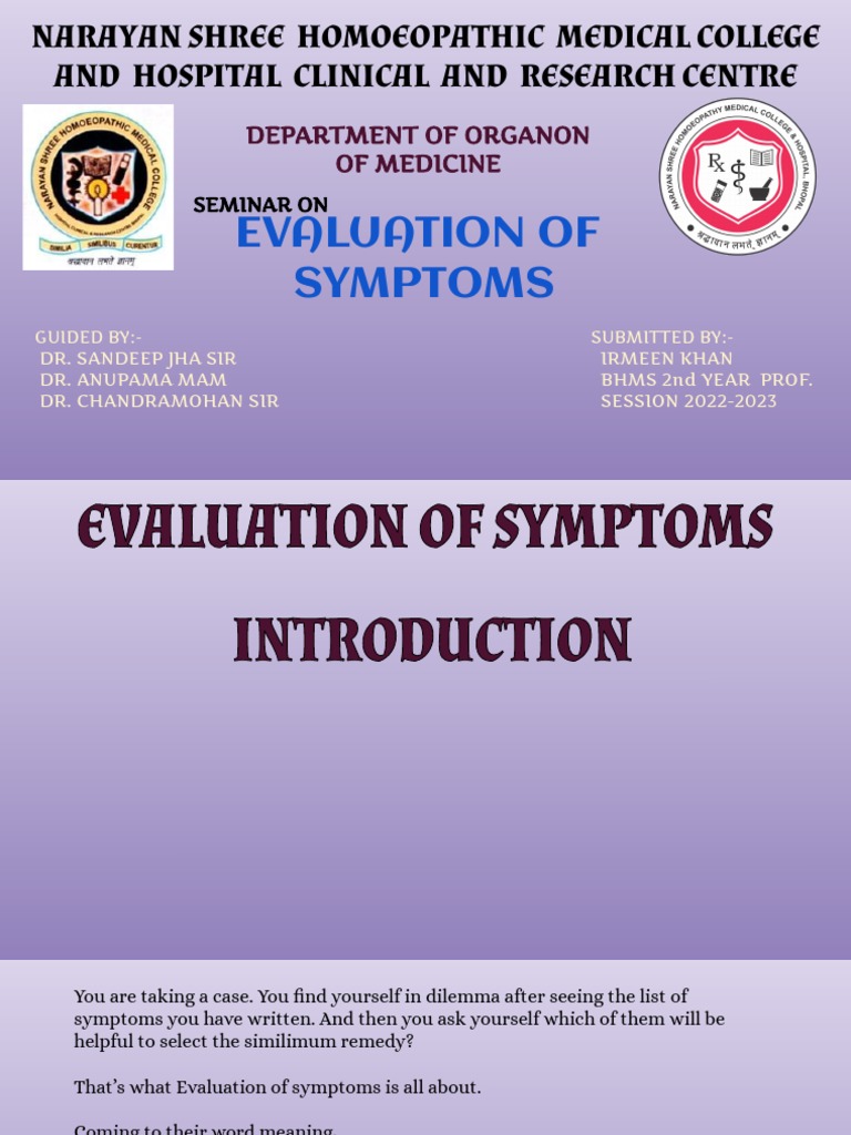 My Incomplete Project EVALUATION OF SYMPTOMS | PDF | Homeopathy | Medicine