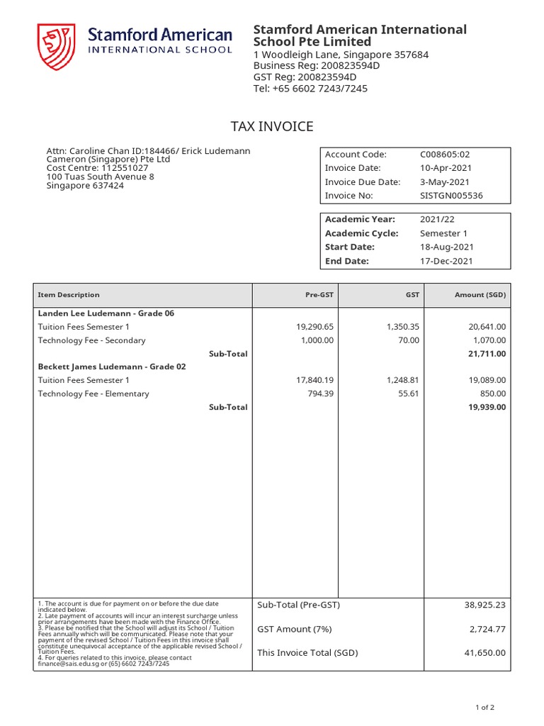 Stamford American International School Pte Limited | PDF | Payments ...