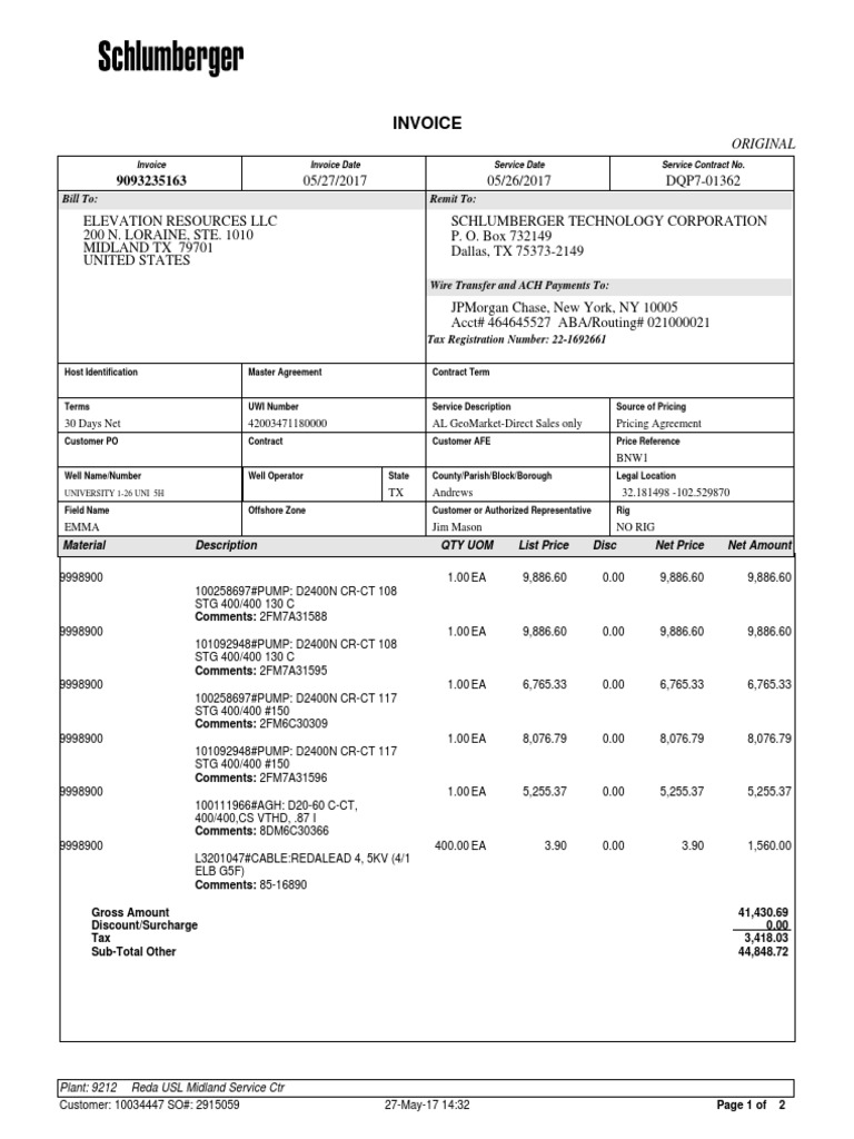 Schlumberger Invoice for Oilfield Equipment Rental and Services | PDF ...