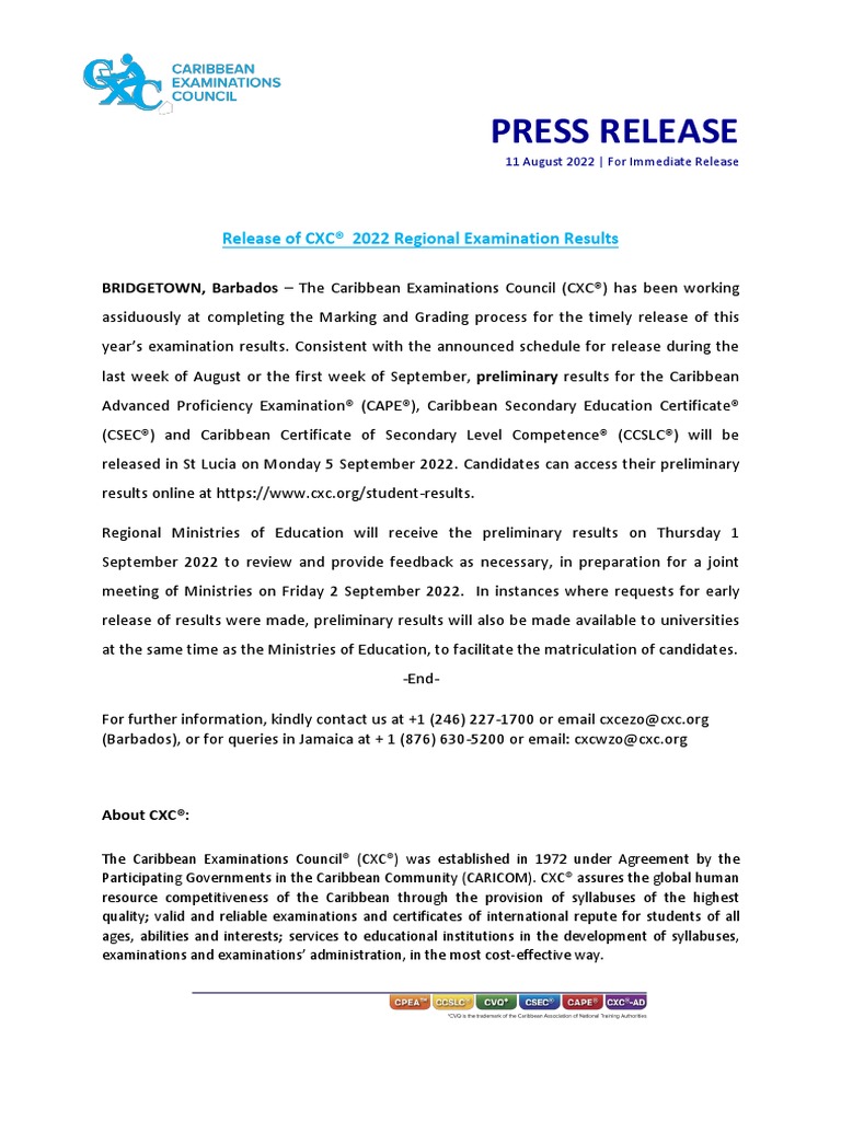 CXC Statement - 2022 Regional Examinations Results Release-1 | PDF ...