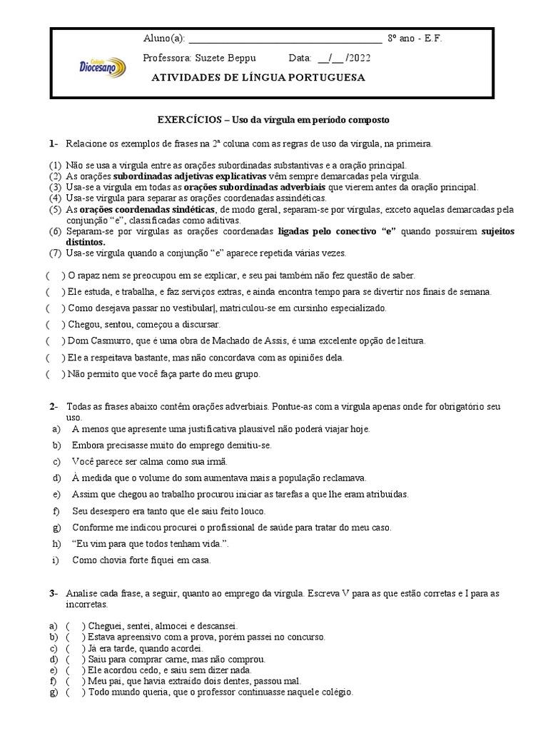 Exercícios sobre o uso da vírgula | PDF | Linguística
