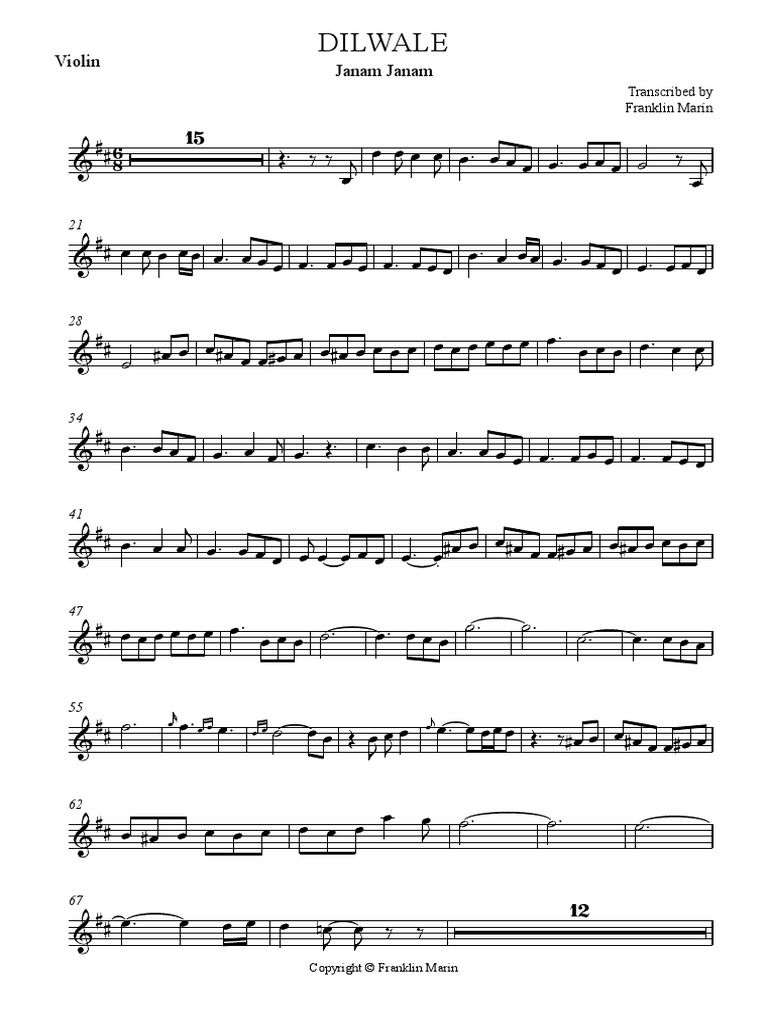 Janam Janam Violin Sheet Music | PDF