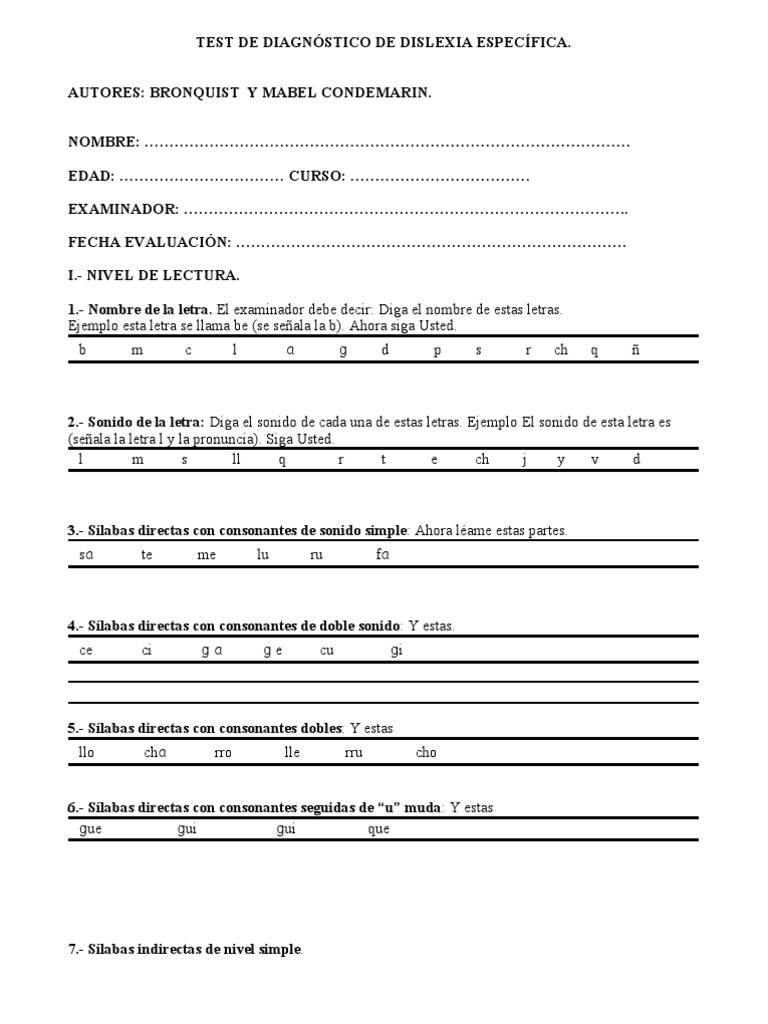 TEST DE DIAGNÓSTICO DE DISLEXIA ESPECÍFICA | Lectura (Proceso) | Ortografía