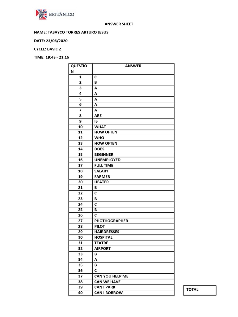 Answer Sheet Navigate Courses - B2 | PDF