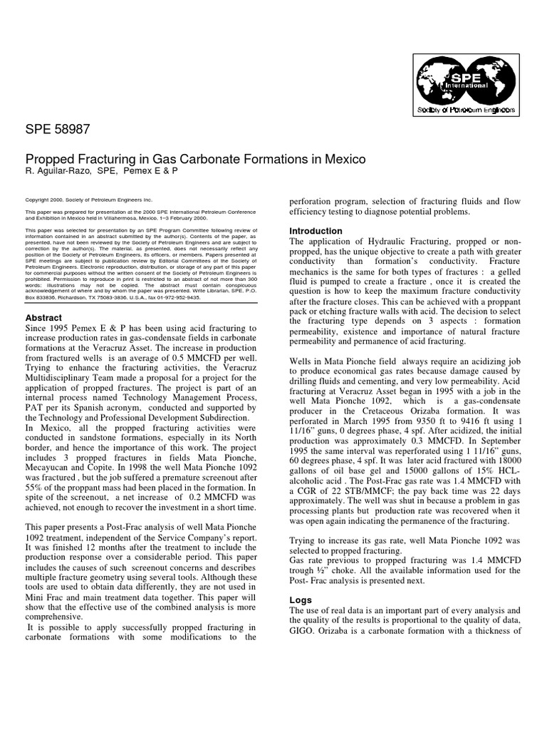 Spe 58987 Propped Fracturing in Gas Carbonate Formations Mexico | PDF ...