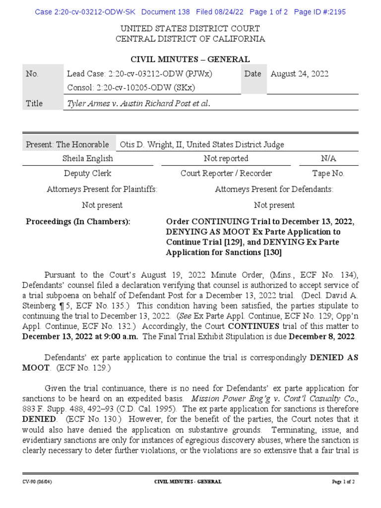 Armes v. Post | PDF | Discovery (Law) | Continuance