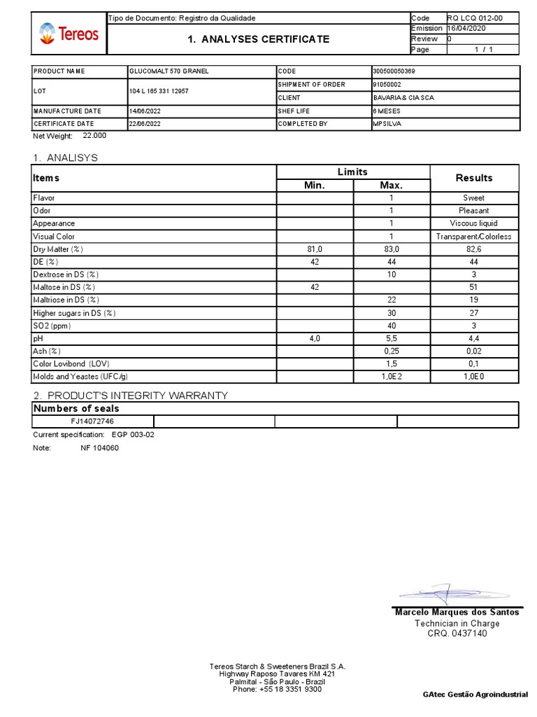 Analyses Certificate | PDF | Organic Compounds | Nutrition