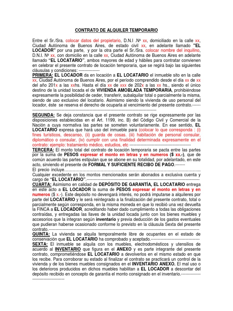 Contrato de Alquiler Temporario | PDF | Propiedad | Justicia