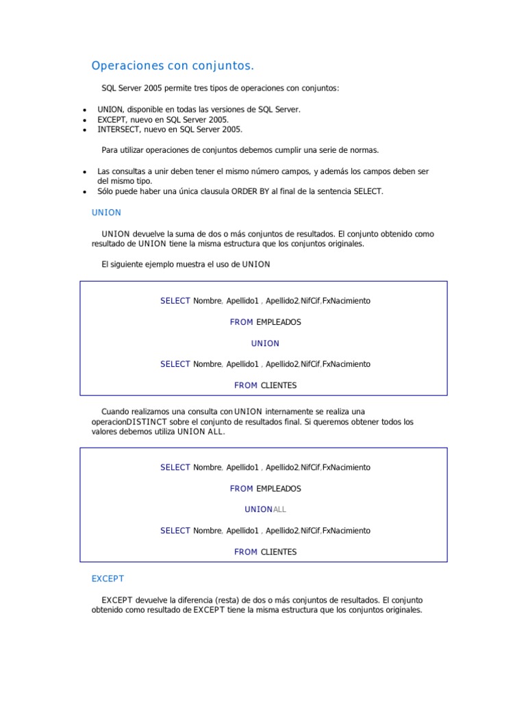 Operaciones Con Conjuntos | PDF | Servidor SQL de Microsoft ...