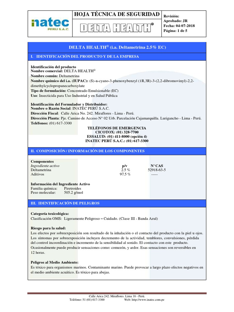 DELTA HEALTH Hoja de Seguridad | PDF | Agua | Contaminación