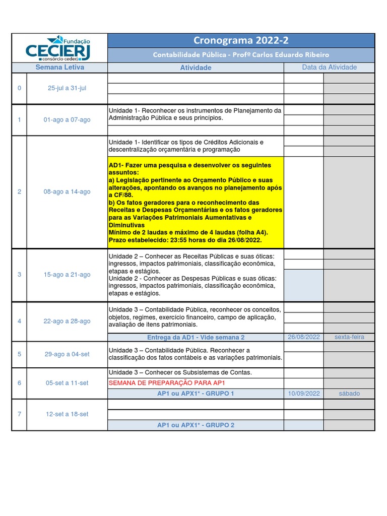 Cronograma Contabilidade Pública 2022-2 | PDF | Contabilidade | Orçamento