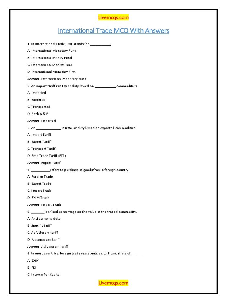 International Trade MCQs with Answers | PDF | Tariff | World Trade ...