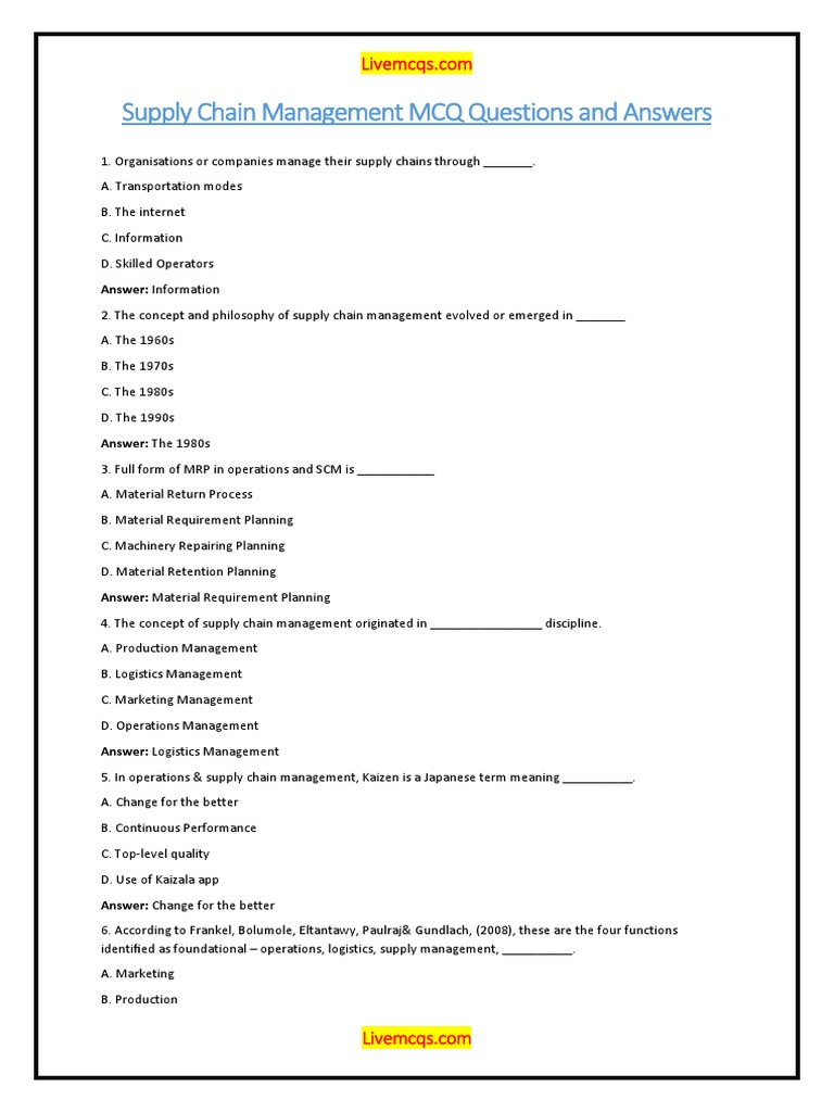 Supply Chain Management MCQ Questions and Answers PDF | PDF | Supply ...