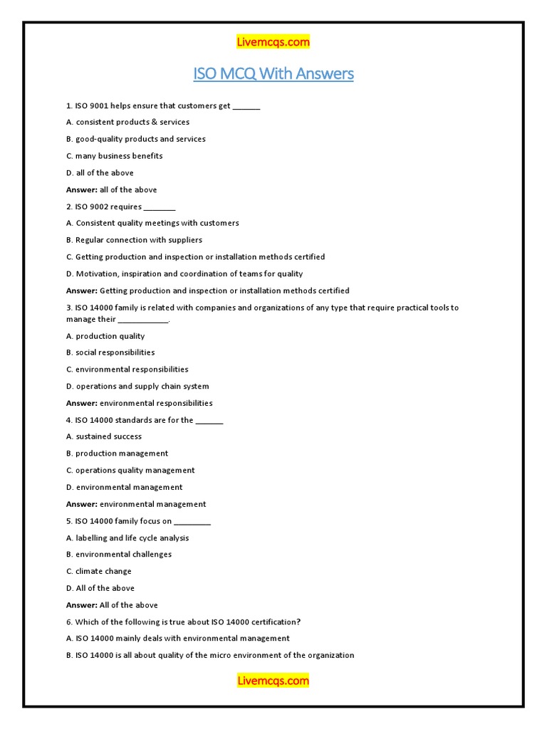 ISO MCQ With Answers PDF | PDF | Iso 9000 | Quality Management