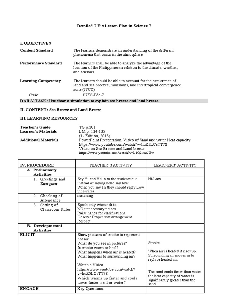 Sea and Land Breeze Lesson Plan for Grade 7 | PDF | Sea | Learning