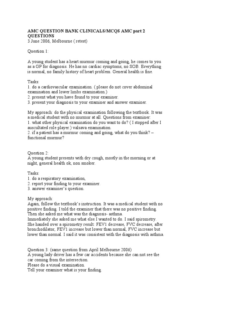 Amc Question Bank Clinicals | PDF | Physical Examination | Migraine