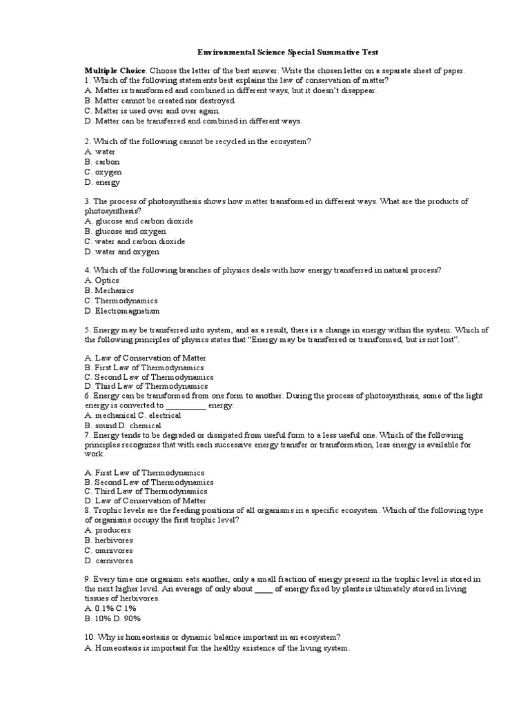 Environmental Science Special Summative Test | PDF | Ecosystem | Food Web
