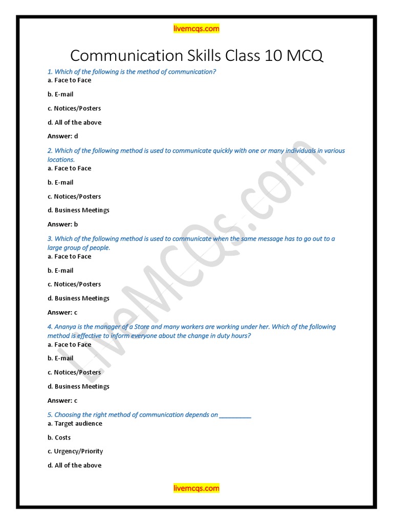 Class 10 MCQs on Communication Skills | PDF | Communication | Part Of Speech