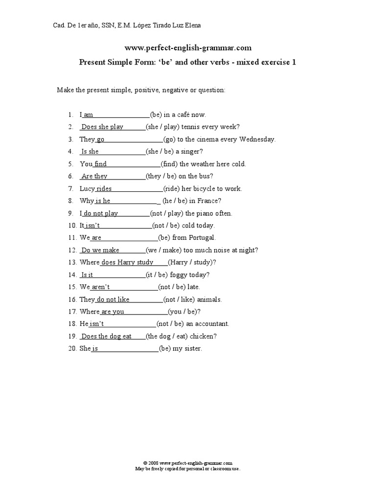 Present Simple Form: Be' and Other Verbs - Mixed Exercise 1 | PDF ...