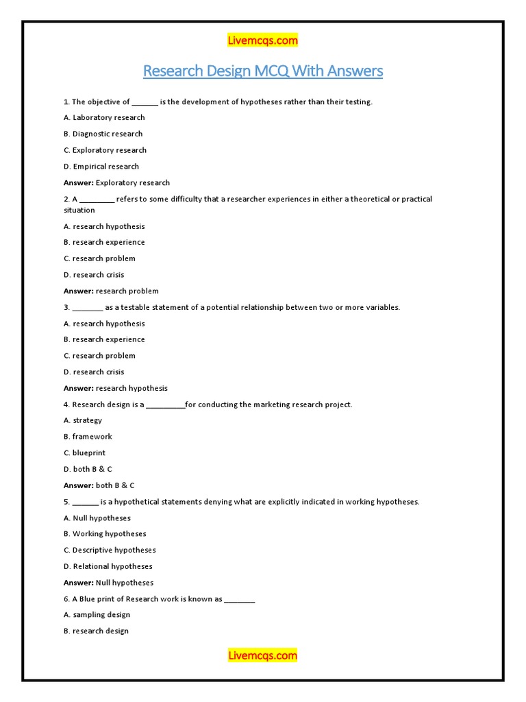 Research Design MCQ With Answers PDF | PDF | Hypothesis | Quantitative ...