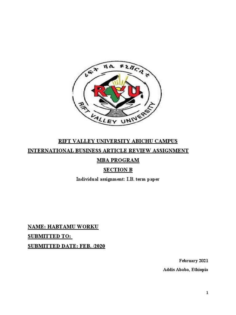 Rift Valley University Abichu Campus International Business Article Review Assignment Mba ...