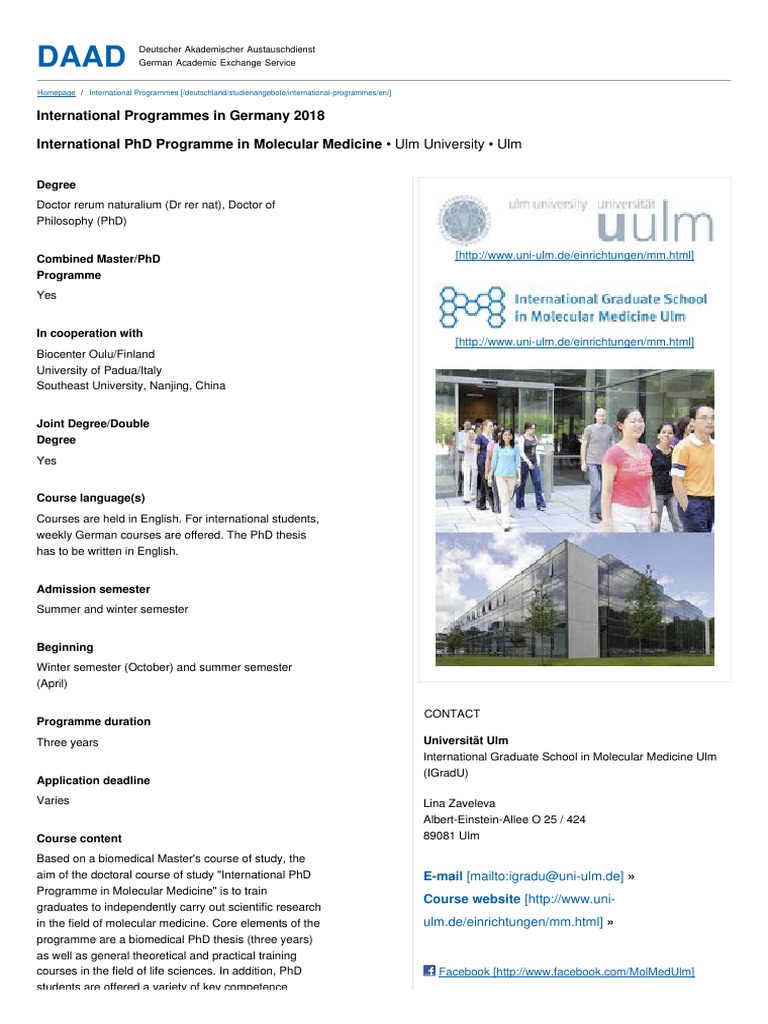 Germany DAAD PHD Molecular Medicine Ulm Univ | PDF | Cost Of Living ...