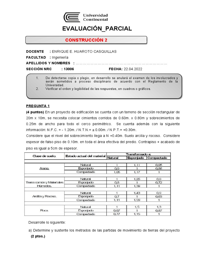 Evaluación Parcial CONSTRUCCION 2 - 2022-1 | PDF | Hormigón | Sectores Economicos