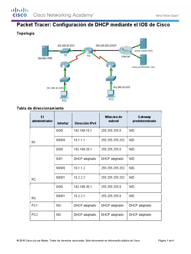 8.1.3.3 Packet Tracer - Configuring DHCPv4 Using Cisco IOS Instructions2 | PDF | Dirección IP ...