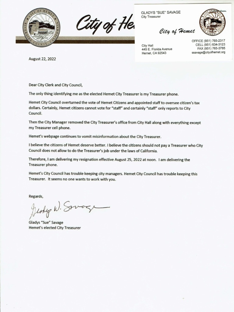 Hemet City Treasurer's Resignation Letter | PDF