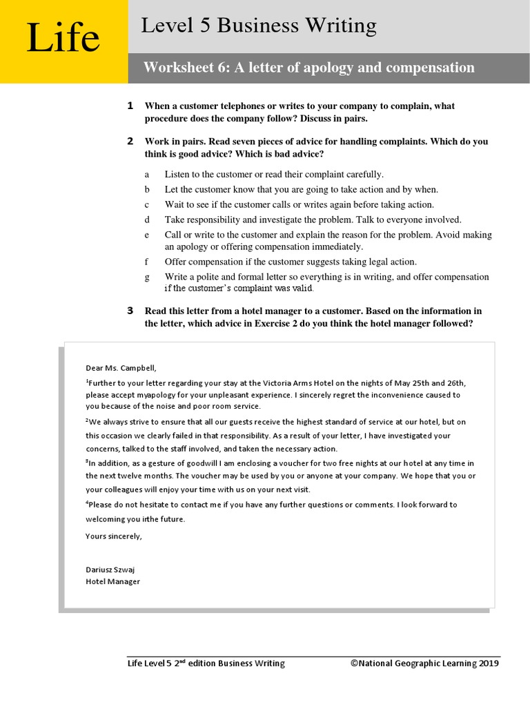 Worksheet 6: A Letter of Apology and Compensation | PDF